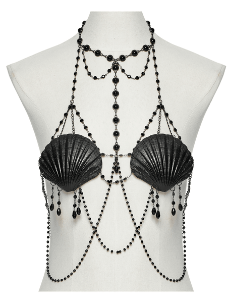 Gothic Dark Shell Bra with Chain Straps and Beaded Detail